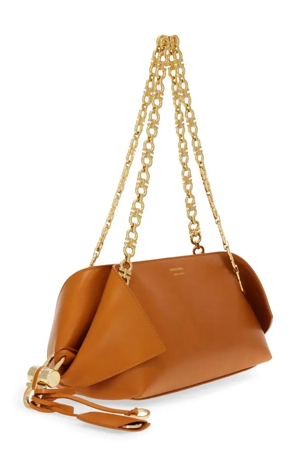 FERRAGAMO Scarf Chain Leather Shoulder Bag - Orange