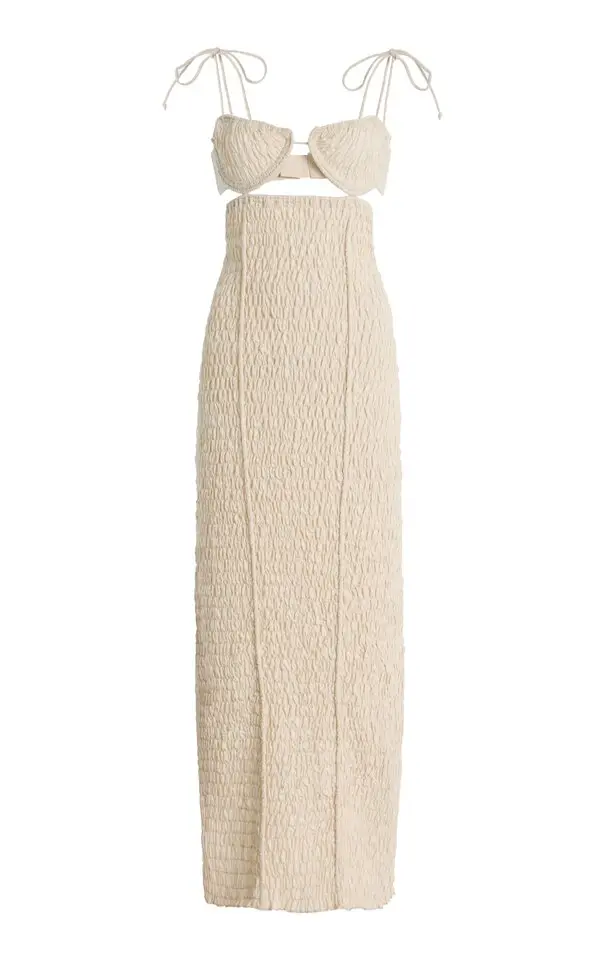 TG BOTANICAL Bella Shirred Cotton-blend Midi Dress - Off-white