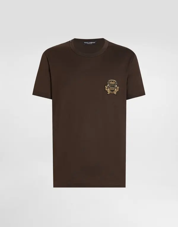 Dolce & Gabbana Cotton T-shirt With Heraldic Patch - Brown
