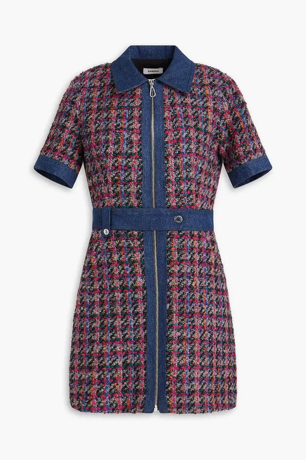 Sandro Checked Tweed Mini Dress With Denim Trims