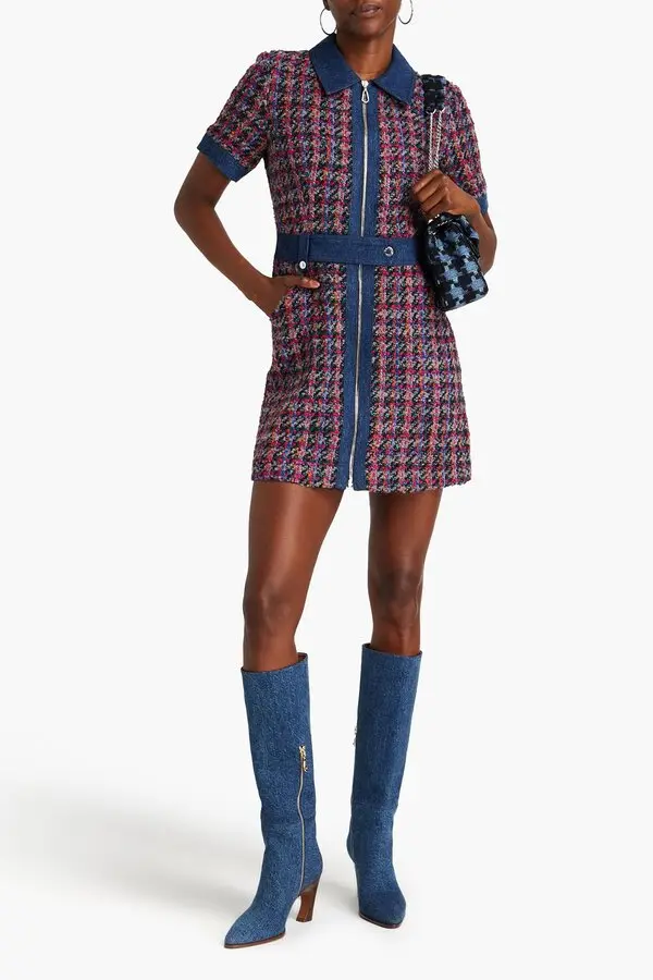 Sandro Checked Tweed Mini Dress With Denim Trims