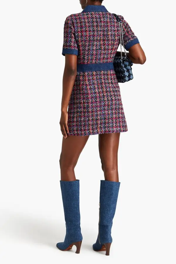 Sandro Checked Tweed Mini Dress With Denim Trims