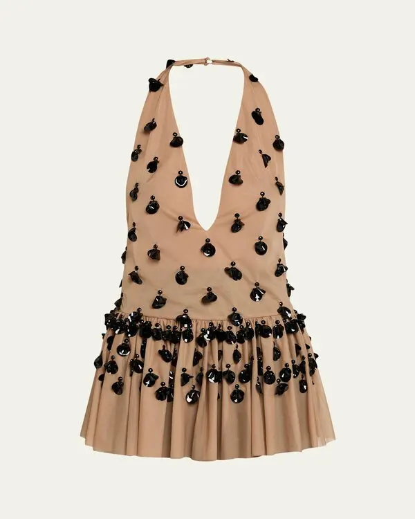 DIOTIMA Embellished Plunging Halter Peplum Top