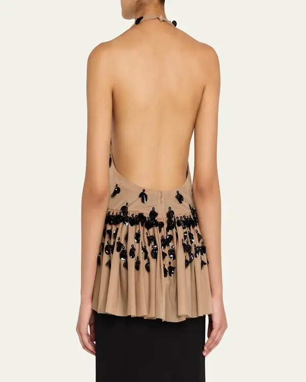 DIOTIMA Embellished Plunging Halter Peplum Top