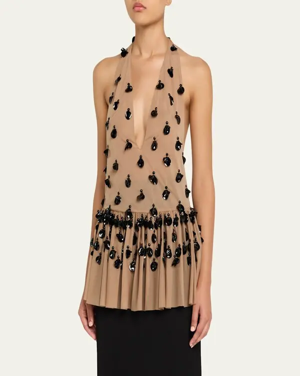 DIOTIMA Embellished Plunging Halter Peplum Top