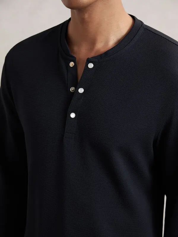 REISS Carmello Textured Grandad-collar Henley Shirt - Navy
