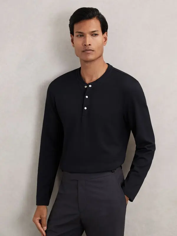 REISS Carmello Textured Grandad-collar Henley Shirt - Navy