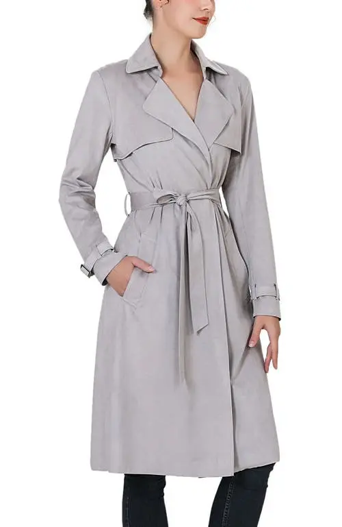KIMI + KAI Faux Suede Trench Coat With Self-tie Belt - Gray