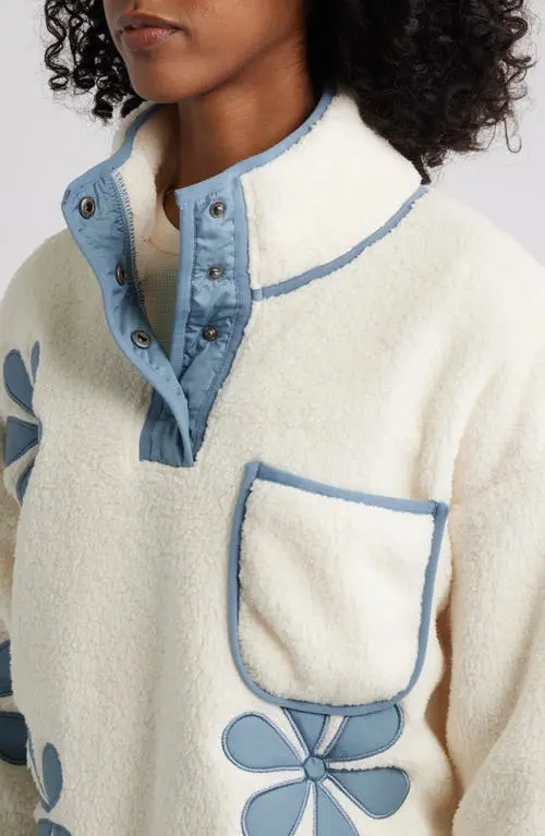 THREAD & SUPPLY Flower Patch Faux Shearling Pullover - Ivory Windward Blue Combo