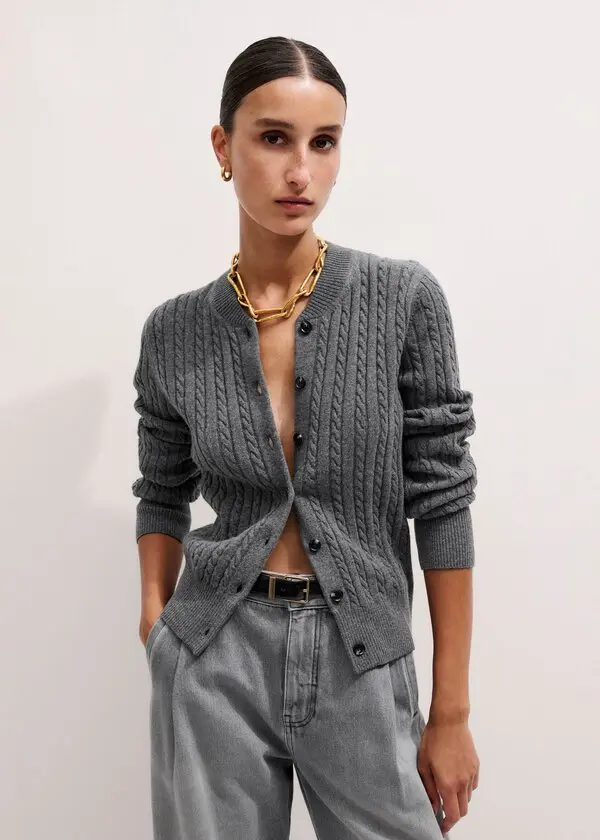 ME+EM Merino Cashmere Micro Cable Knit Cardigan - Mid Grey Mélange
