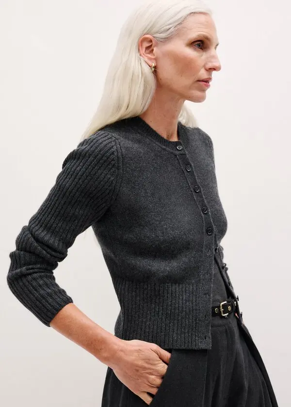 ME+EM Cashmere Slim Waisted Cardigan - Dark Charcoal Mélange