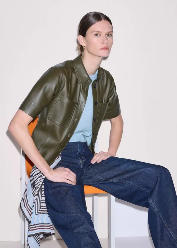 ME+EM Paneled Leather Utility Shirt - Intense Olive