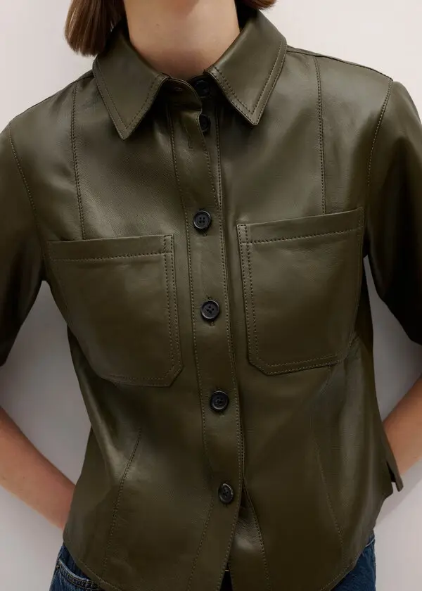 ME+EM Paneled Leather Utility Shirt - Intense Olive