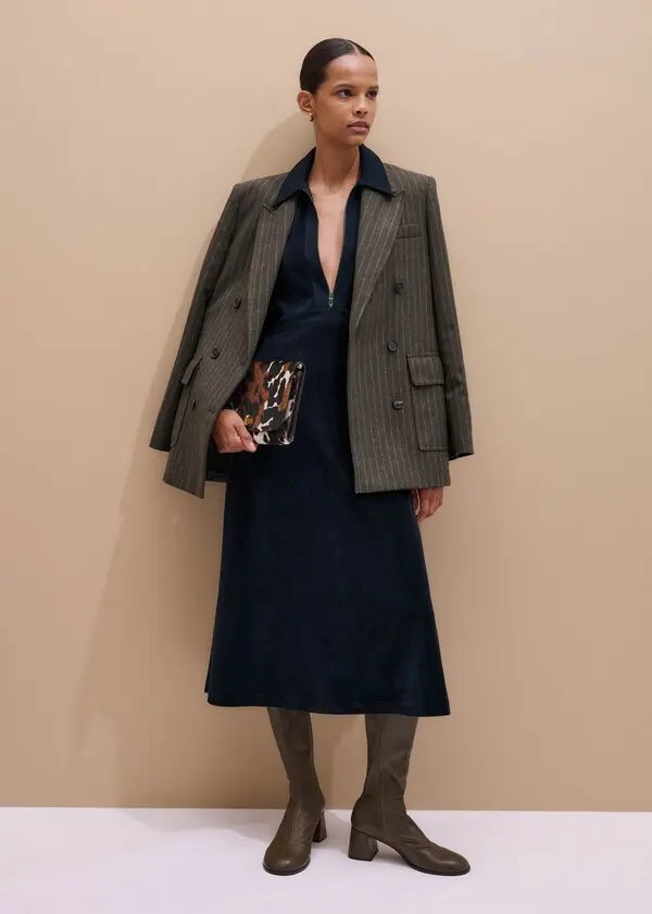 ME+EM Ponte Collared Cord Velour Midi Dress - Navy