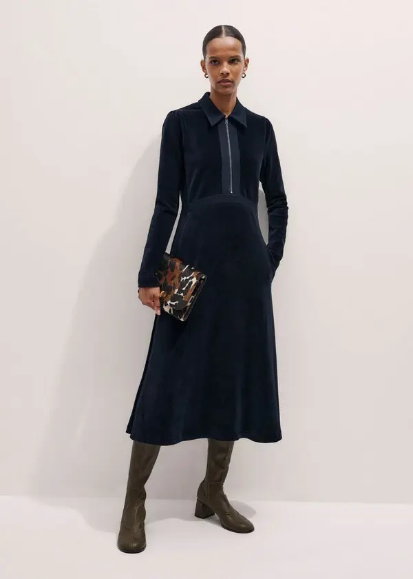 ME+EM Ponte Collared Cord Velour Midi Dress - Navy