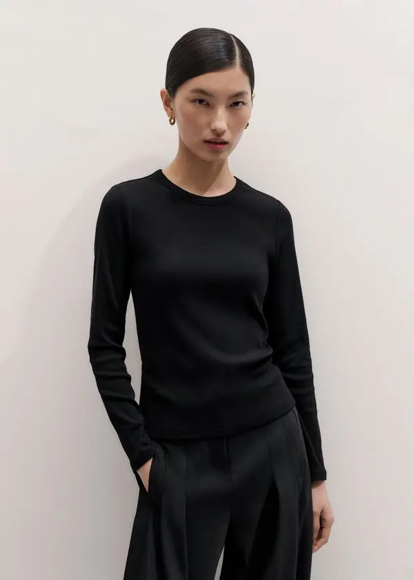 ME+EM Cotton Rib Long Sleeve Top - Black