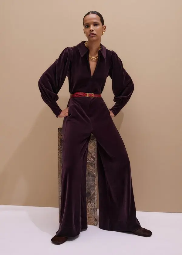 ME+EM Velour Jumpsuit With Belt - Bordeaux