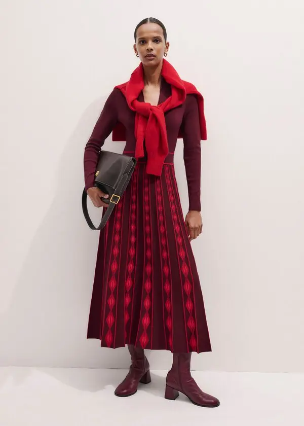 ME+EM Jacquard Half Zip Knit Maxi Dress - Red Multi