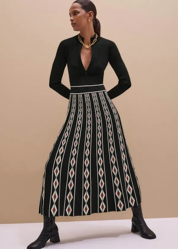 ME+EM Jacquard Half Zip Knit Maxi Dress - Black Multi