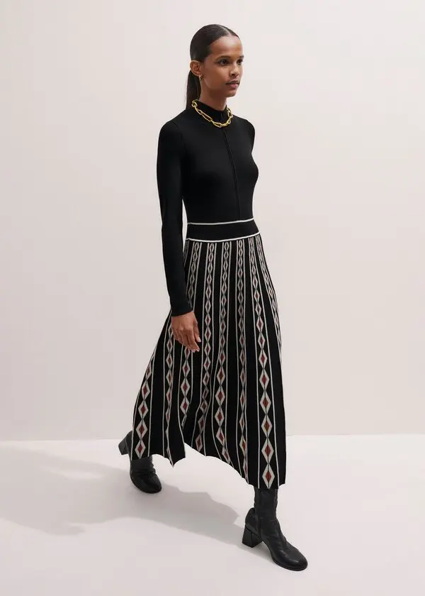 ME+EM Jacquard Half Zip Knit Maxi Dress - Black Multi