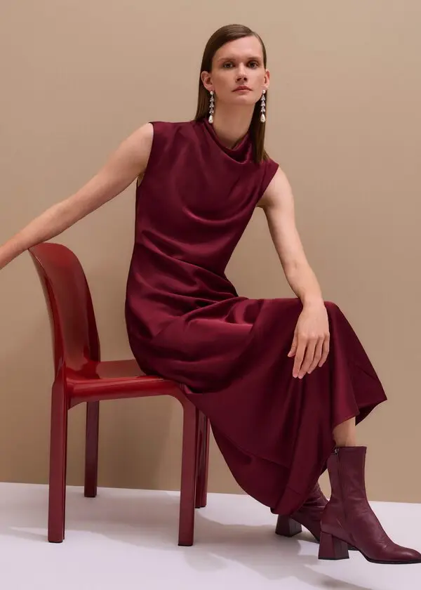 ME+EM Satin Drape Neckline Maxi Dress - Deep Ruby Red