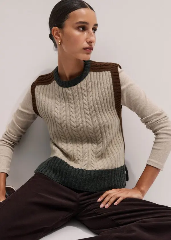 ME+EM Merino Cashmere Cable Knit Vest With Snood - Hazelnut Mélange Multi