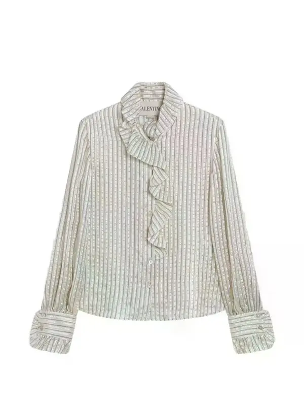 Valentino Garavani Seersucker Lamé Striped Shirt With Ruffle Detail - Neutrals