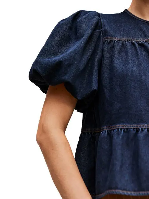 RO&ZO Denim Puff Sleeve Tie Neck Top