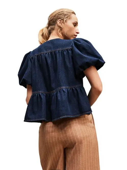 RO&ZO Denim Puff Sleeve Tie Neck Top