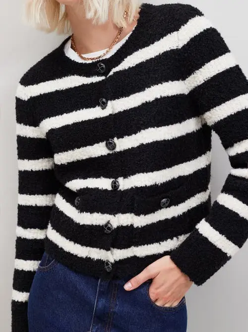 RO&ZO Long Sleeve Stripe Boucle Cardigan - Mono