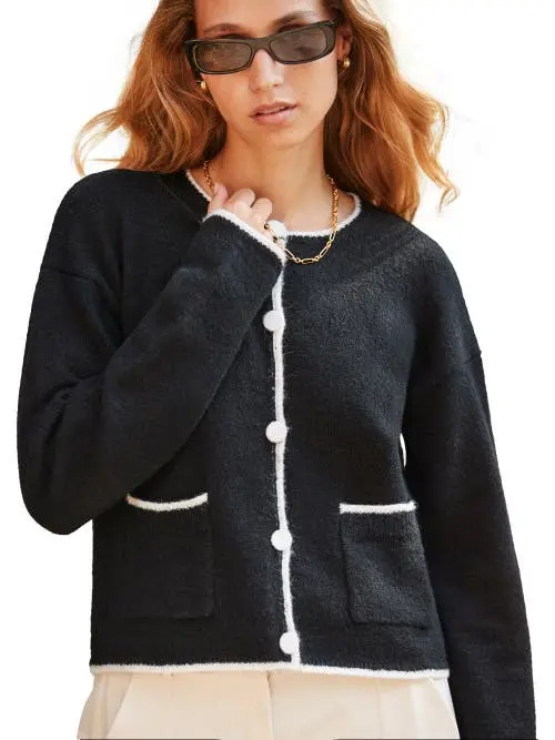 RO&ZO Long Sleeve Crew Neck Contrast Cardigan - Black