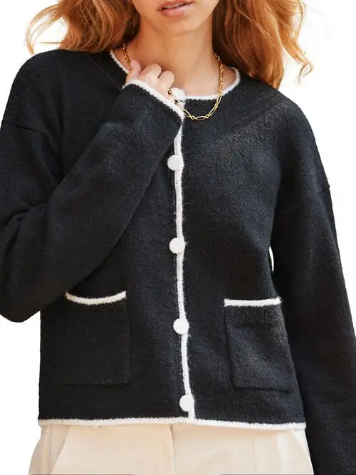RO&ZO Long Sleeve Crew Neck Contrast Cardigan