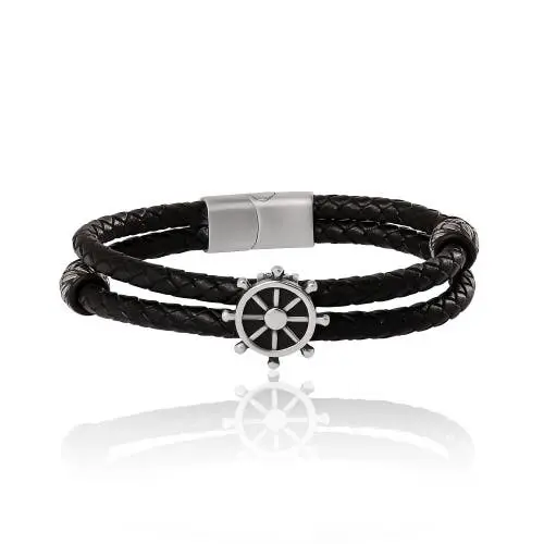 Lucky Brand Nautical Wheel Braided Leather Bracelet - Black