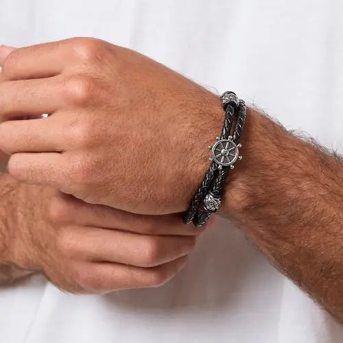 Lucky Brand Nautical Wheel Braided Leather Bracelet