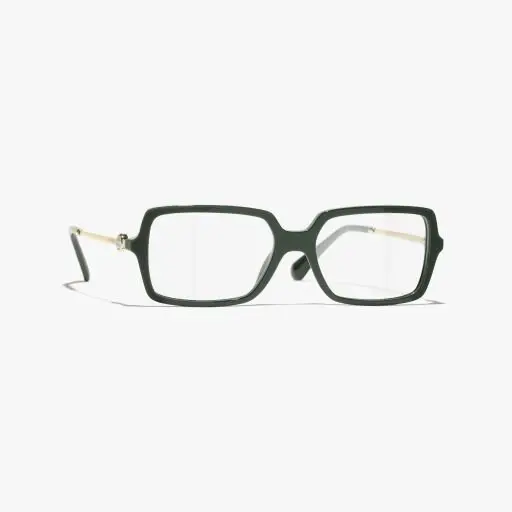 Chanel Rectangle Eyeglasses With Glass Pearls - Kaki Green