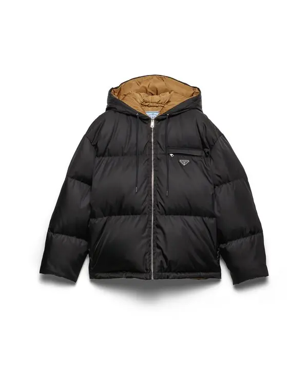 Prada Re-Nylon Gabardine Hooded Down Jacket In Black | Editorialist