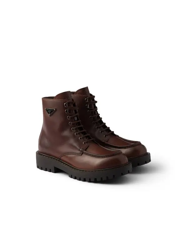 Prada Laced Leather Booties - Brown