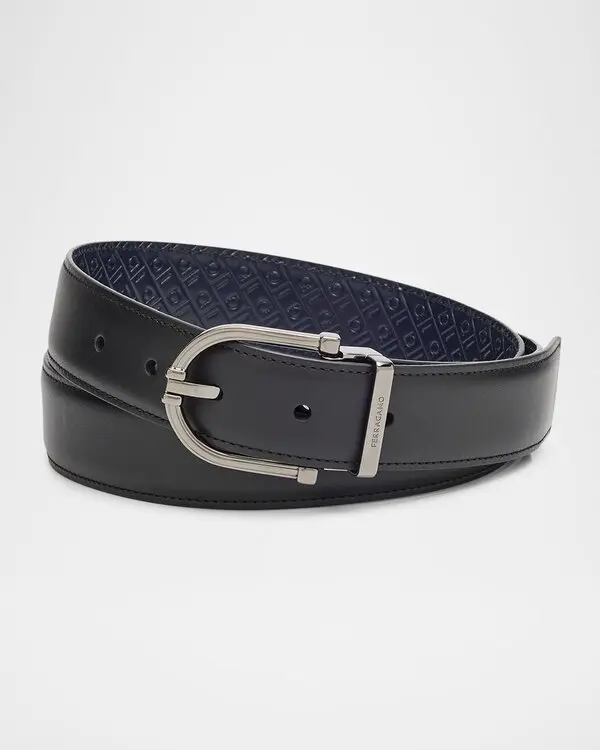 FERRAGAMO Gancio-embossed Reversible Leather Belt - Nero