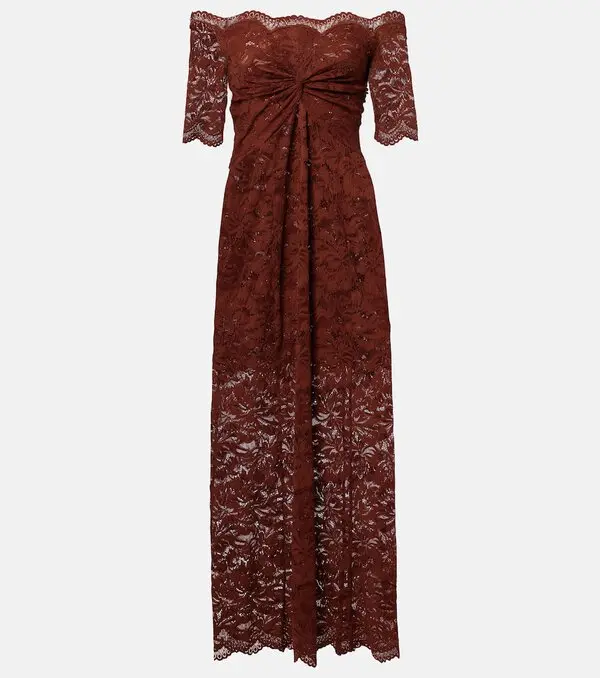 Rabanne Off-shoulder Lace Maxi Dress - Brown