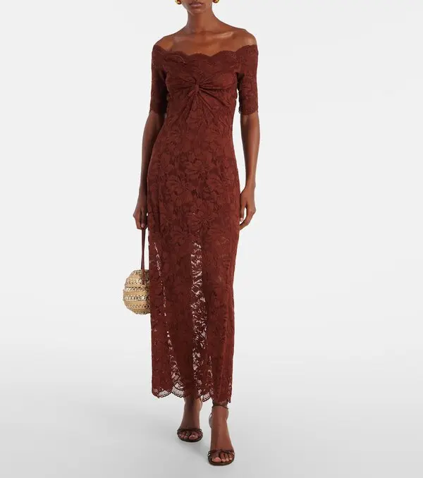 Rabanne Off-shoulder Lace Maxi Dress - Brown