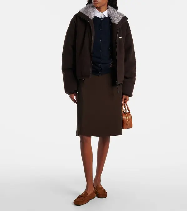 Miu Miu Logo Gabardine Bomber Jacket - Brown