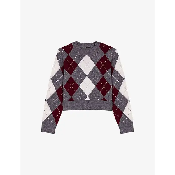Maje Cropped Argyle Wool Jumper - Gray / Burgundy / Ecru