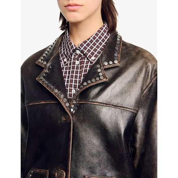 Sandro Oversized Stud-embellished Leather Jacket