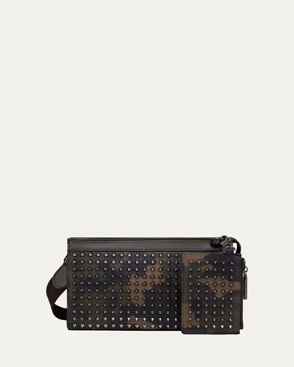 CHRISTIAN LOUBOUTIN Reverse Leather And Spike Crossbody Bag - Cafe Green Gun Metal