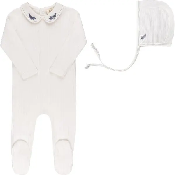 ELY'S & CO. Organic Cotton Footie And Bonnet Set - Ivory Leaf