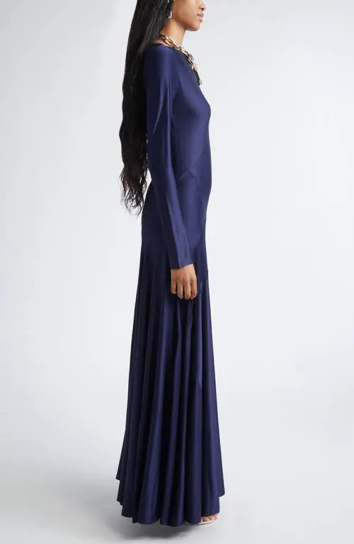 Rabanne Long Sleeve Godet Detail Jersey Maxi Dress - Deep Navy