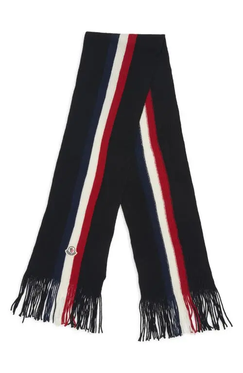 Moncler Logo Patch Stripe Virgin Wool Fringe Scarf - Black