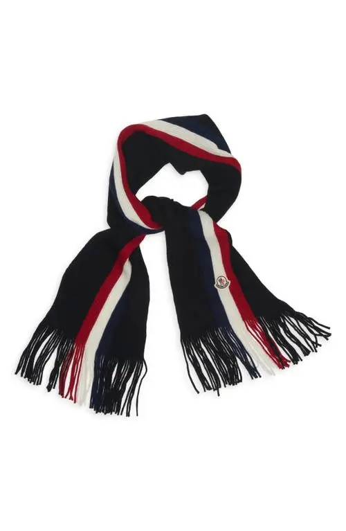 Moncler Logo Patch Stripe Virgin Wool Fringe Scarf