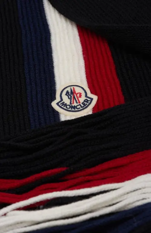 Moncler Logo Patch Stripe Virgin Wool Fringe Scarf
