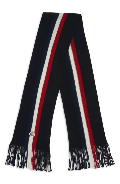 Moncler Logo Patch Stripe Virgin Wool Fringe Scarf - Navy Blue